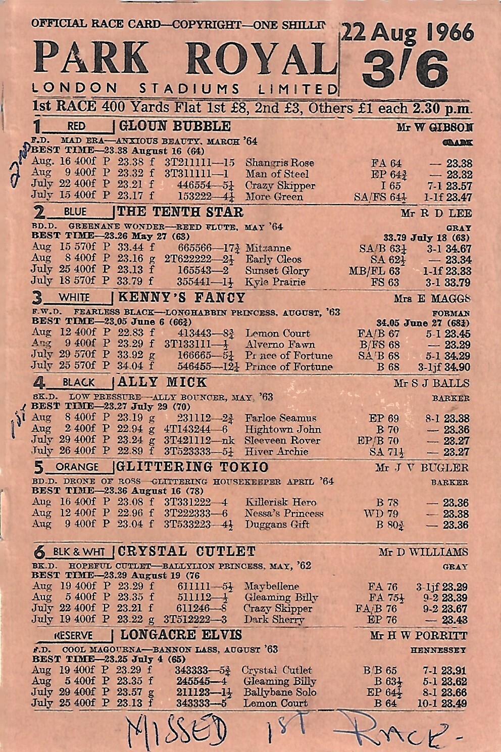 1966 Park Royal (22/08/1966) Greyhound Racing Racecard | Bob's Sporting ...