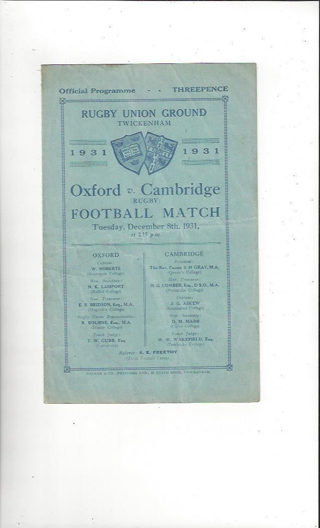 1931 Oxford v Cambridge Rugby Union Programme | Bob's Football ...